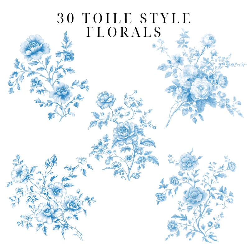 Blue Toile Flower Clipart Toile Baby Shower Clipart Toile De Jouy ...