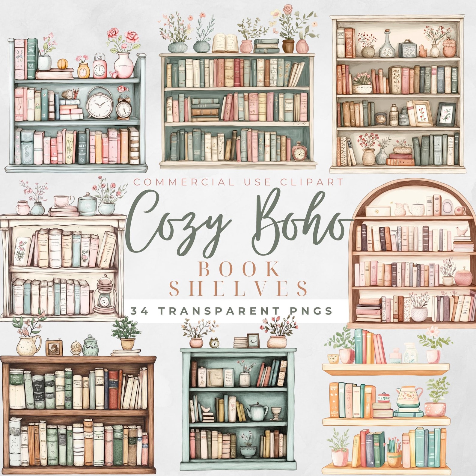 Boho Bookshelf Clipart Books on Shelf Clipart Books on A Shelf Clipart ...