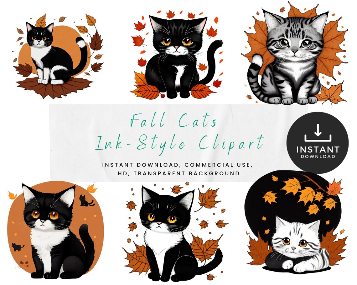 Fall Cats Clipart PNG Bundle, Seasonal Clipart Bundle, Japanese Ink ...