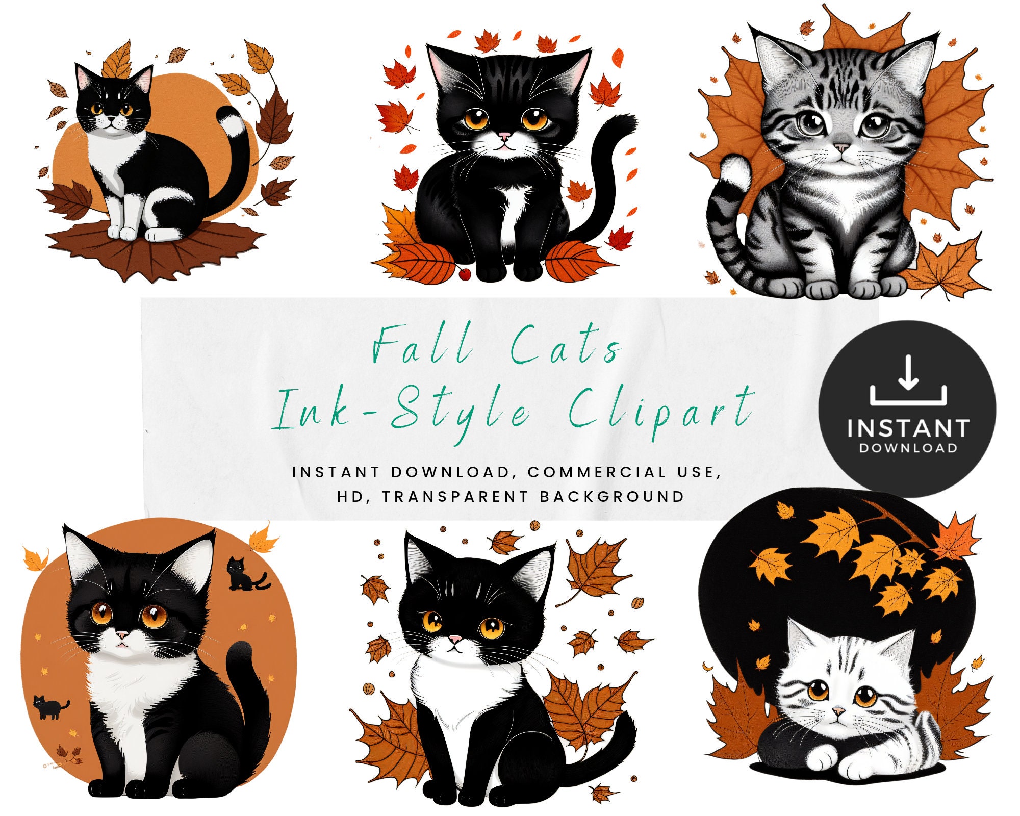 Fall Cats Clipart PNG Bundle, Seasonal Clipart Bundle, Japanese Ink ...