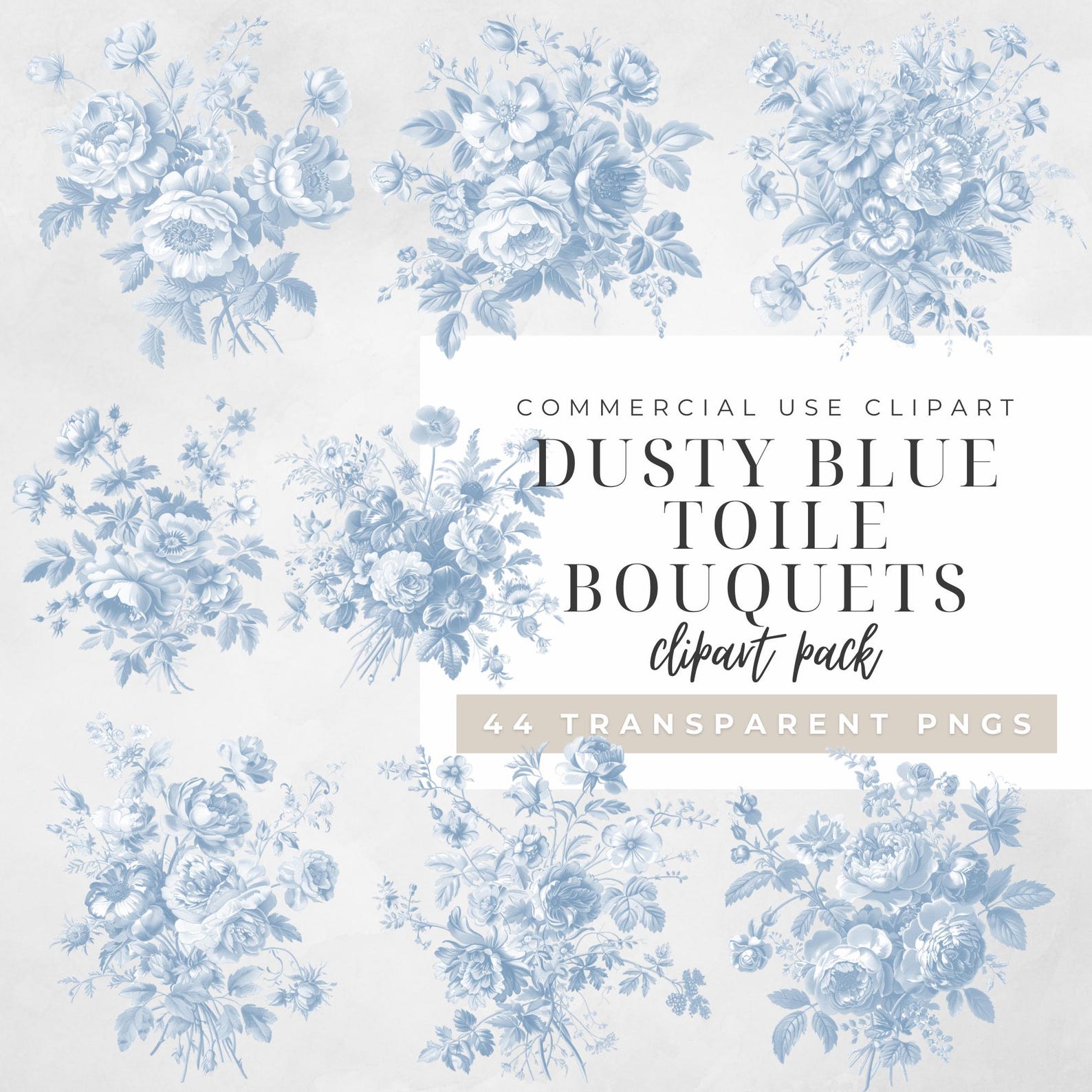 Dusty Blue Toile Flower Clipart Blue Flower Clipart Toile De Jouy ...