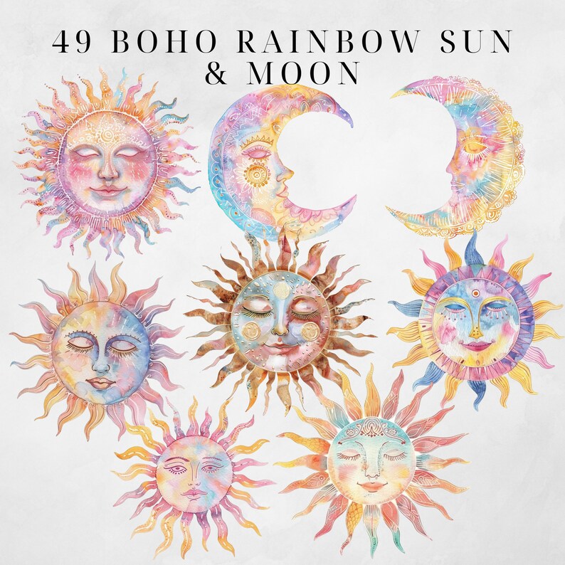 Boho Sun Clipart Sun Moon and Star Clipart Sun and Moon Clipart Boho ...