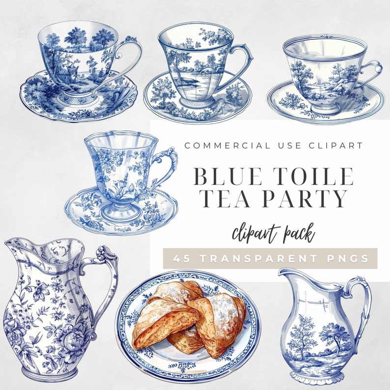 Bridal Tea Party Clipart Blue Toile Clipart Watercolor Blue Tea Party ...
