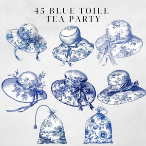 Bridal Tea Party Clipart Blue Toile Clipart Watercolor Blue Tea Party ...