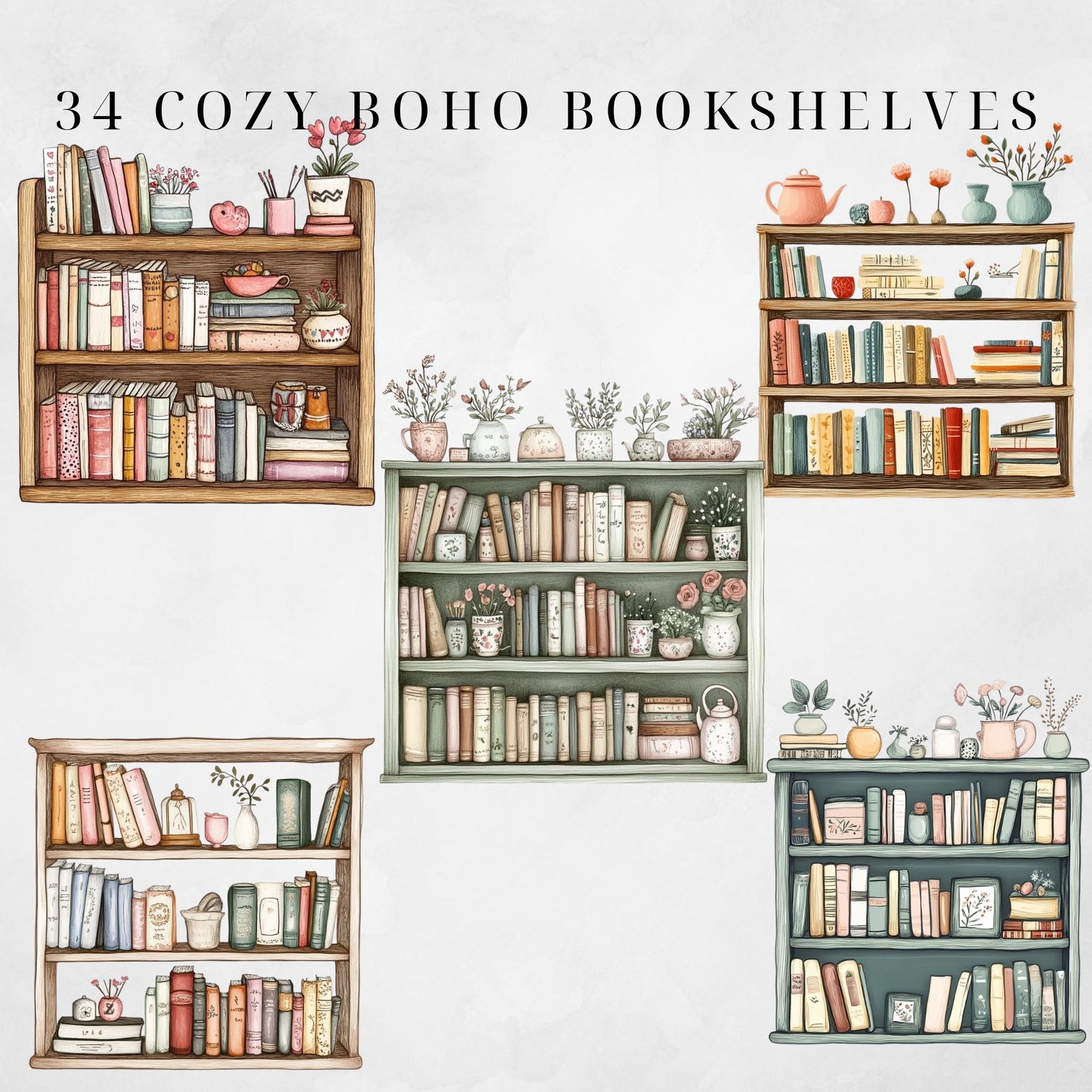 Boho Bookshelf Clipart Books on Shelf Clipart Books on A Shelf Clipart ...