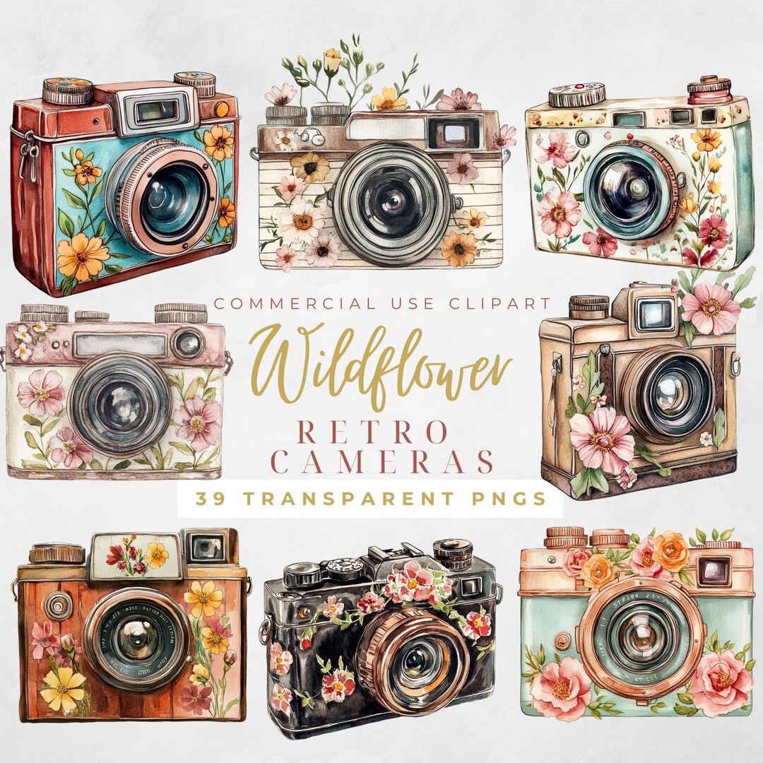 Watercolor Floral Camera Clipart 80s Retro Floral Clipart Watercolor ...