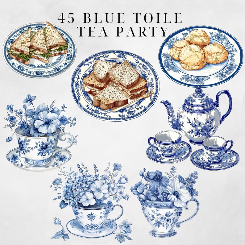 Bridal Tea Party Clipart Blue Toile Clipart Watercolor Blue Tea Party ...