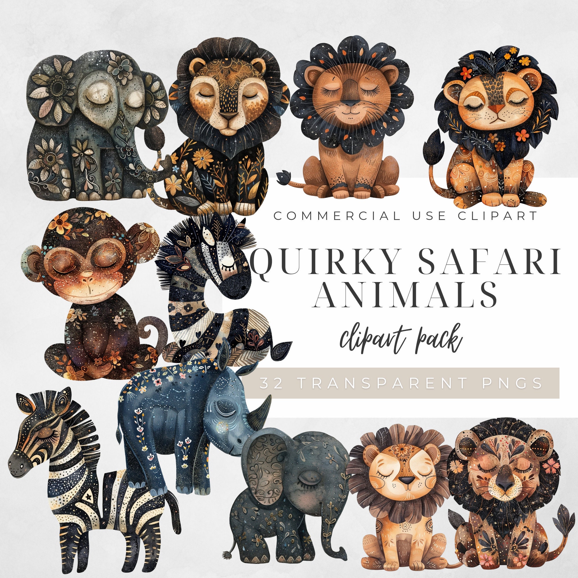 Quirky Safari Animal Clipart Jungle Clipart Quirky Clipart Whimsical ...