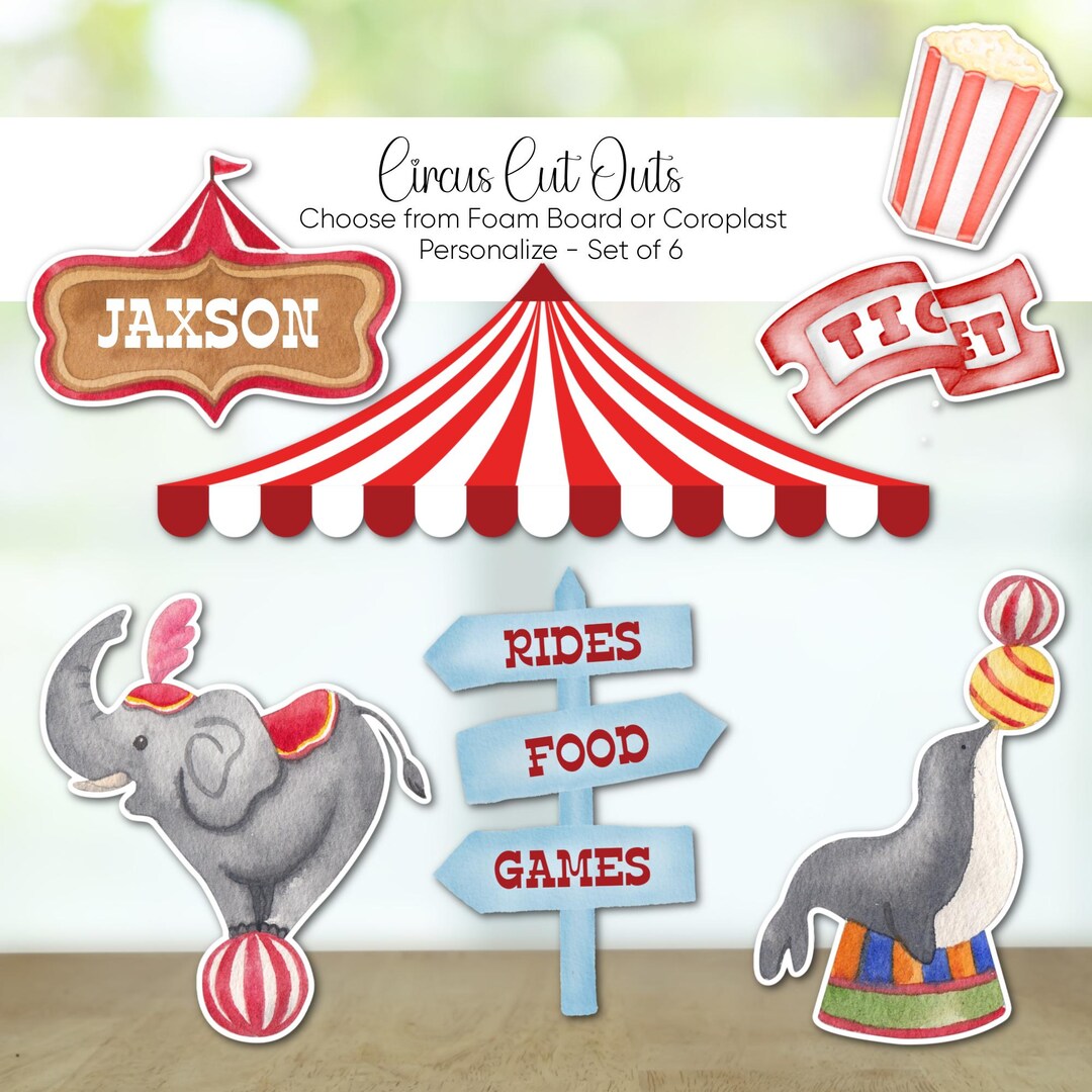 Set of 7 Circus Themed Cut Outs, Personalized Big Top Circus Birthday ...