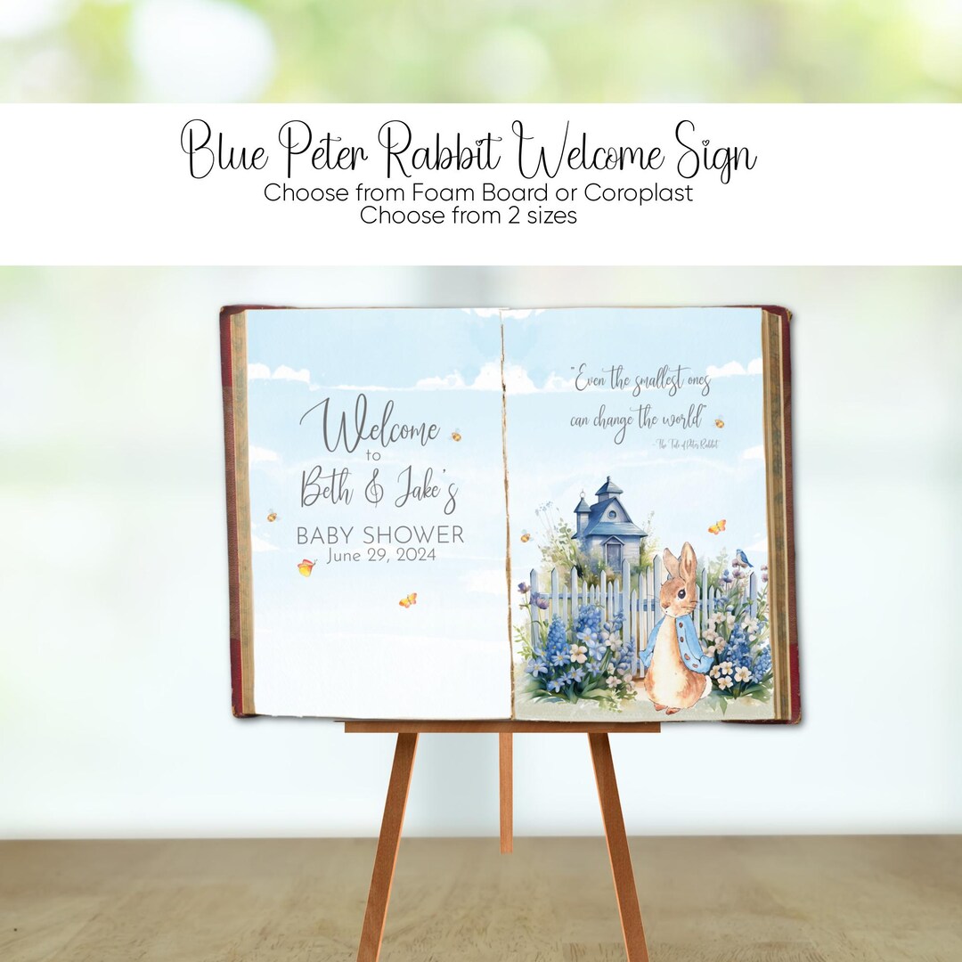 Peter Rabbit Book Welcome Sign, Blue Peter Rabbit Baby Shower Welcome ...