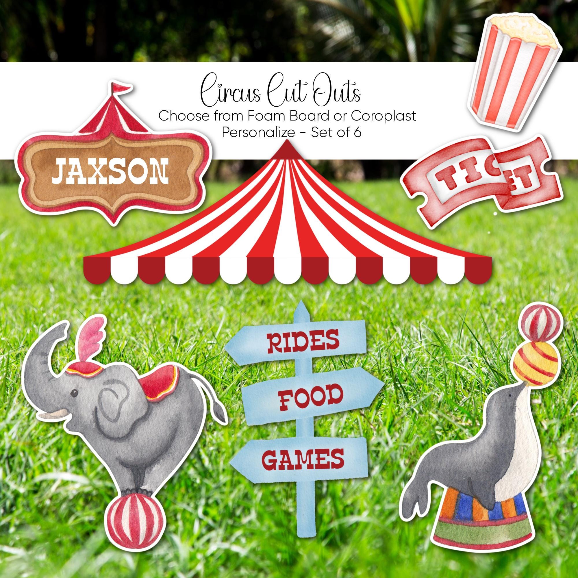 Set of 7 Circus Themed Cut Outs, Personalized Big Top Circus Birthday ...