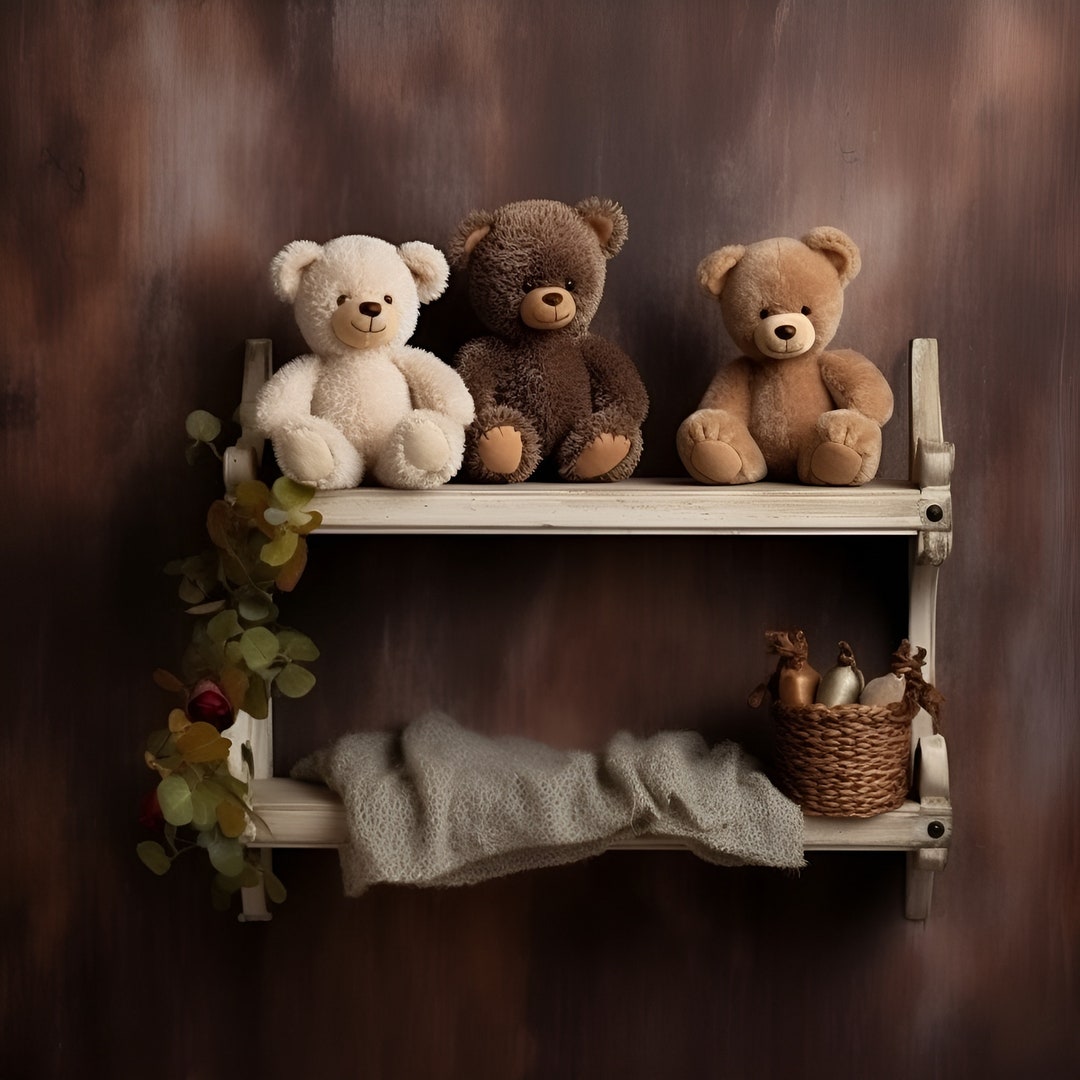 Whimsical Newborn Digital Backdrop: Teddy Bears on a Wooden Shelf With ...