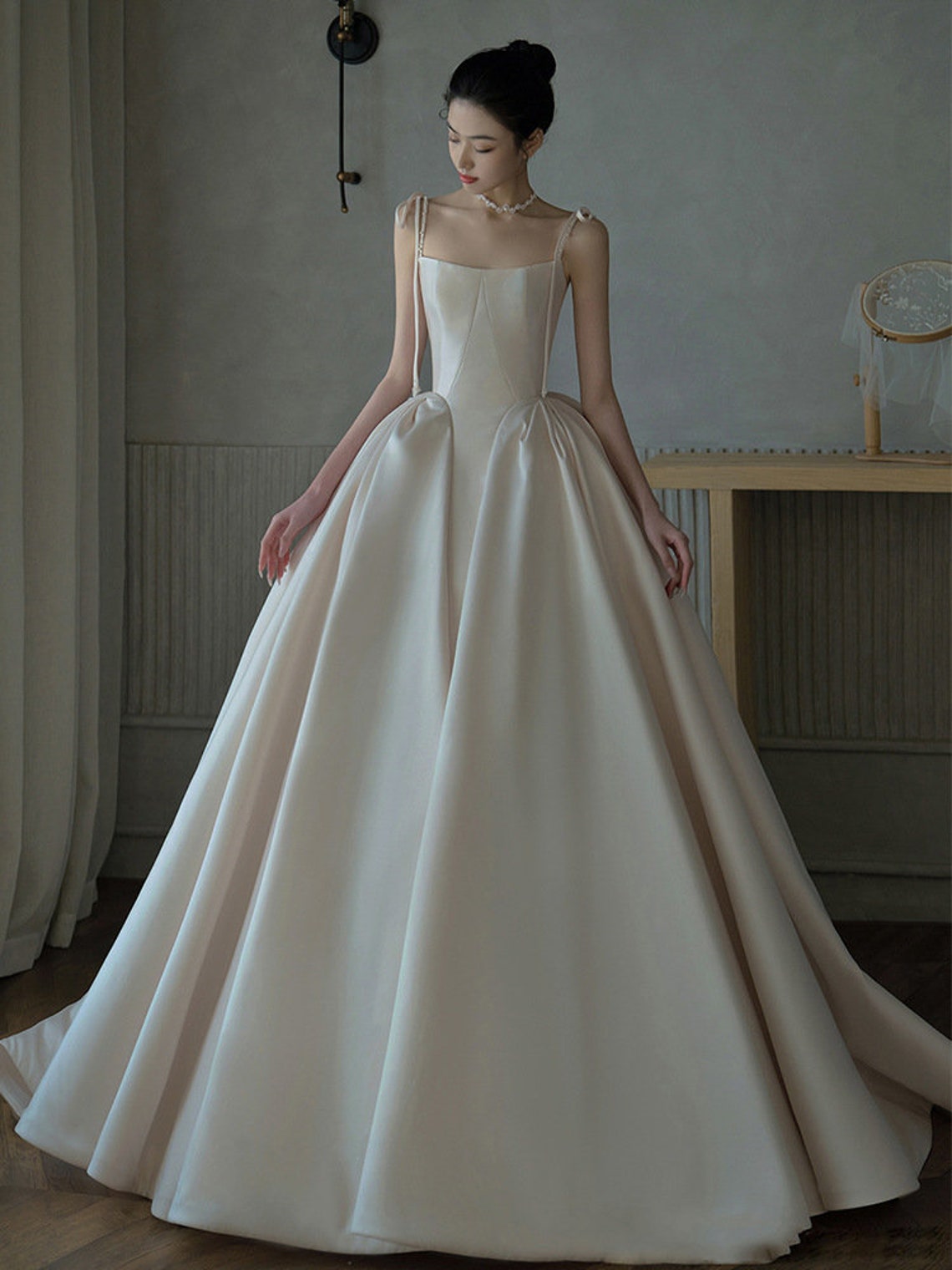 New French Satin Binding Wedding Dresses Simple Suspender Wedding Dress ...