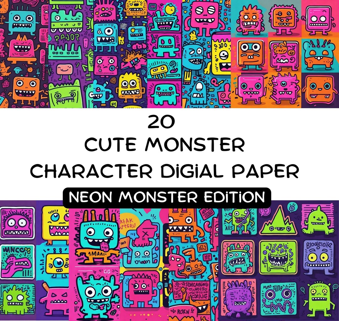 Cute Neon Monster Digital Papers - Neon Monsers, Cute Monsters, Fun ...