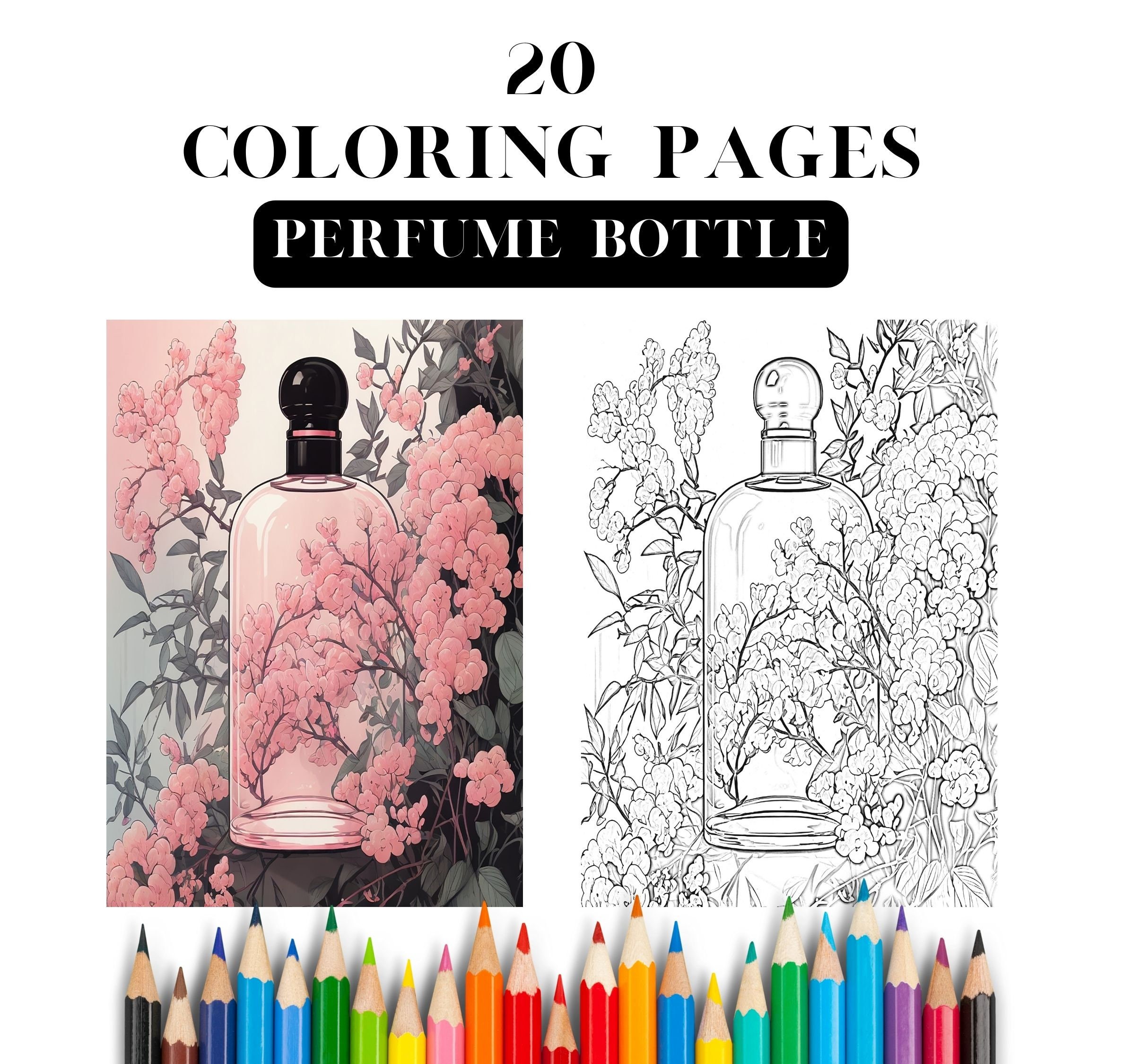 Perfume Bottles Digital Coloring Page for Adults Relaxing Stress Relief ...