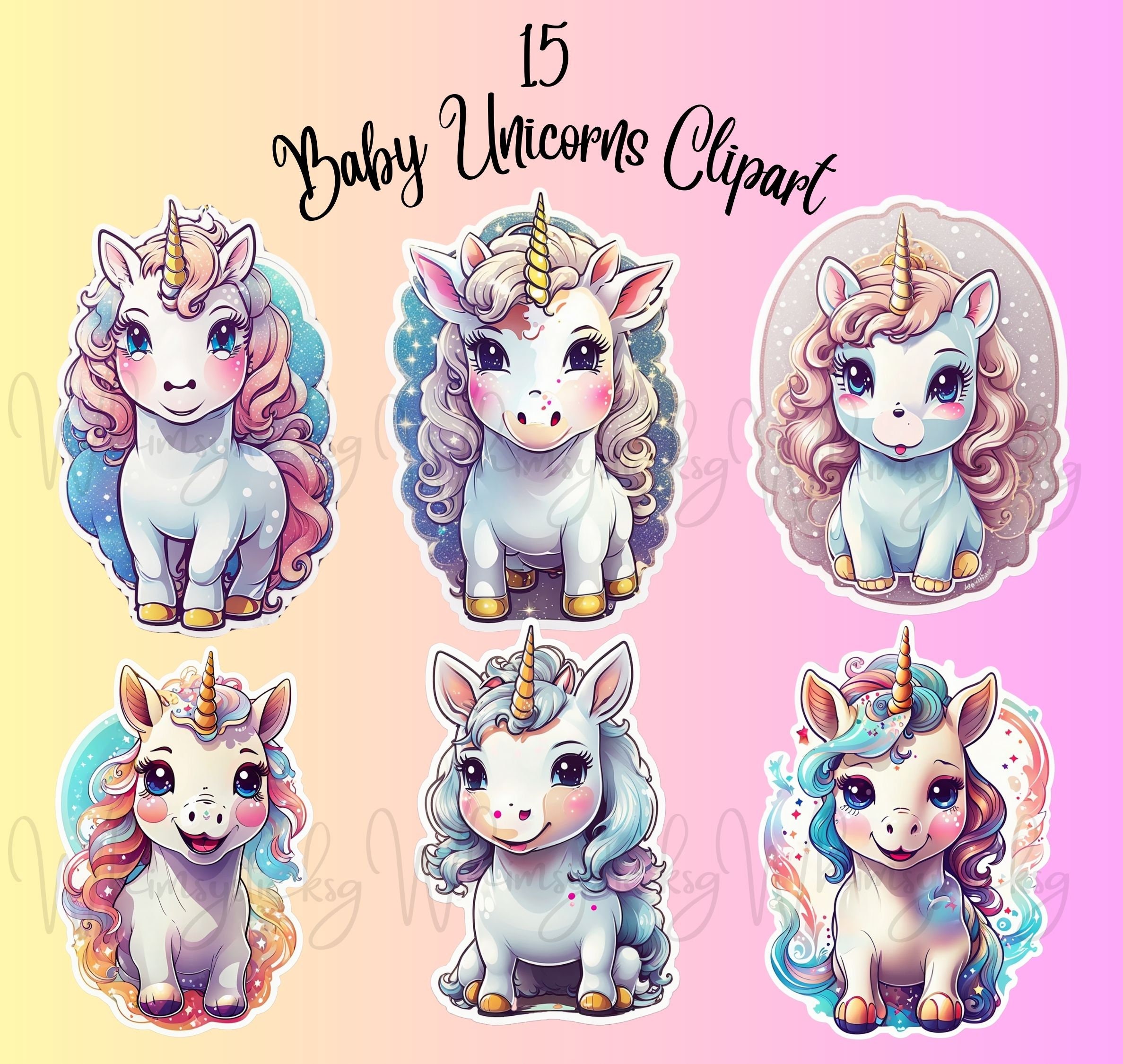 Cute Baby Unicorns Clipart Set Magical Unicorns Cartoon Unicorns Kawaii ...