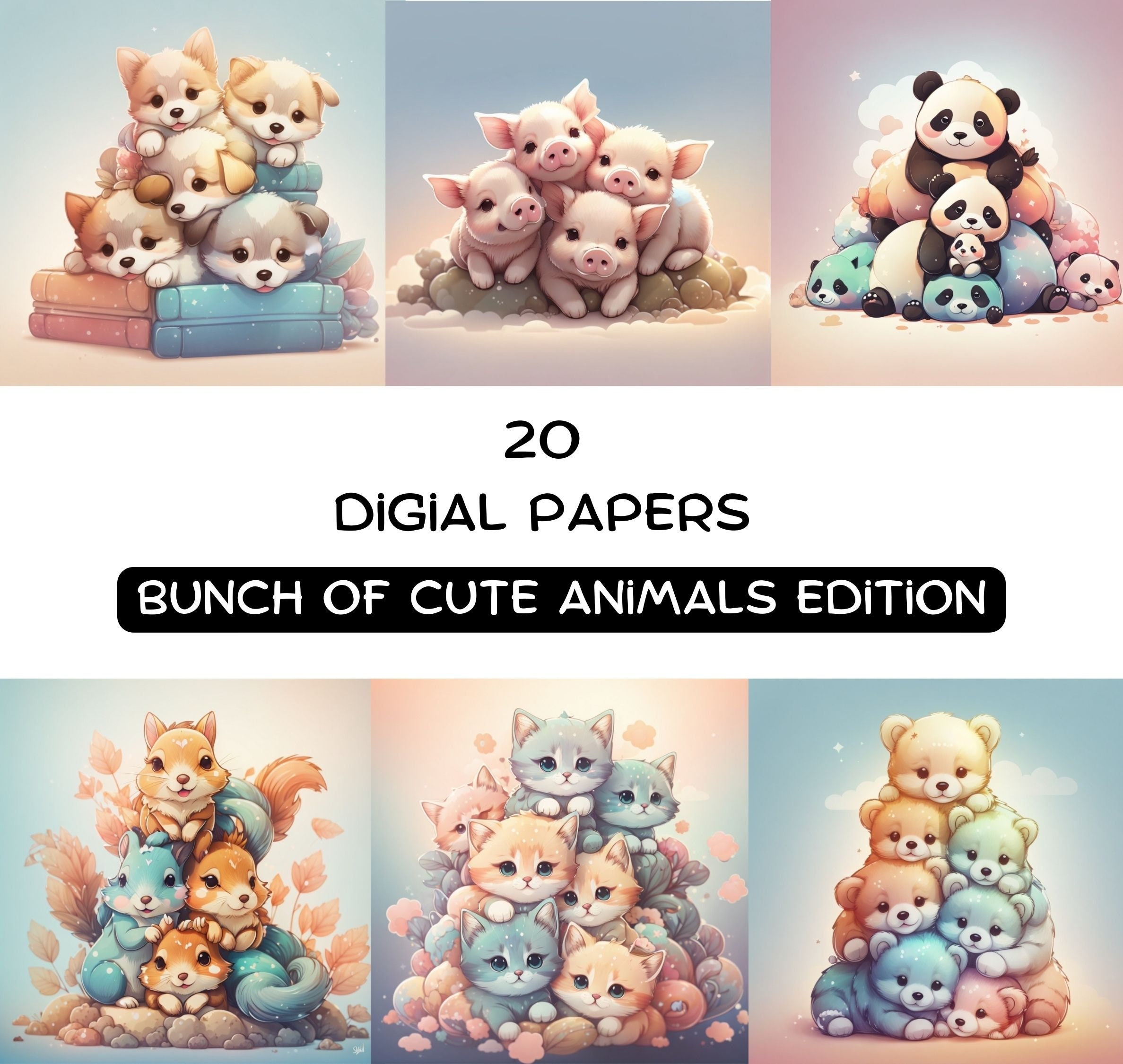 Bunch of Cute Animals Digital Papers for Crafts Kawaii Stacking Animals ...
