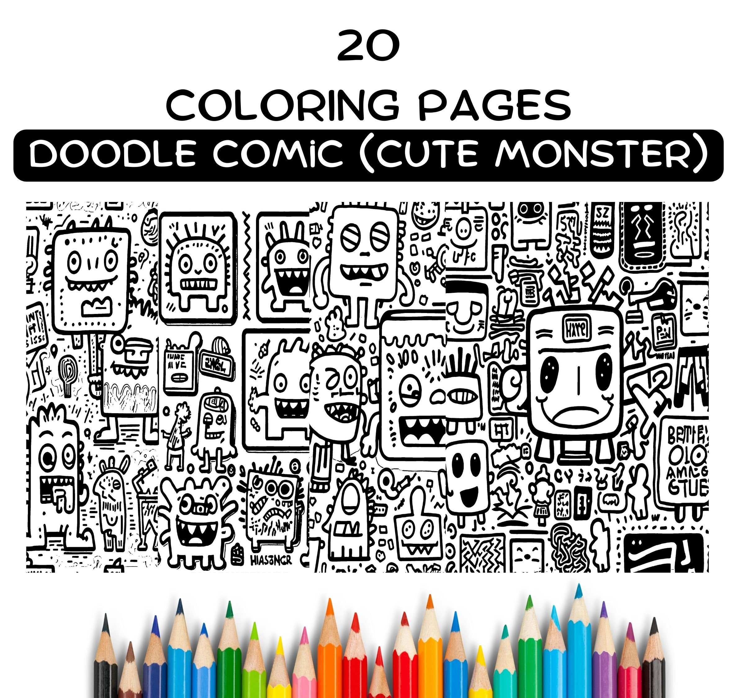 Cute Monster Doodle Comic Coloring Pages for Adults and Teenagers ...