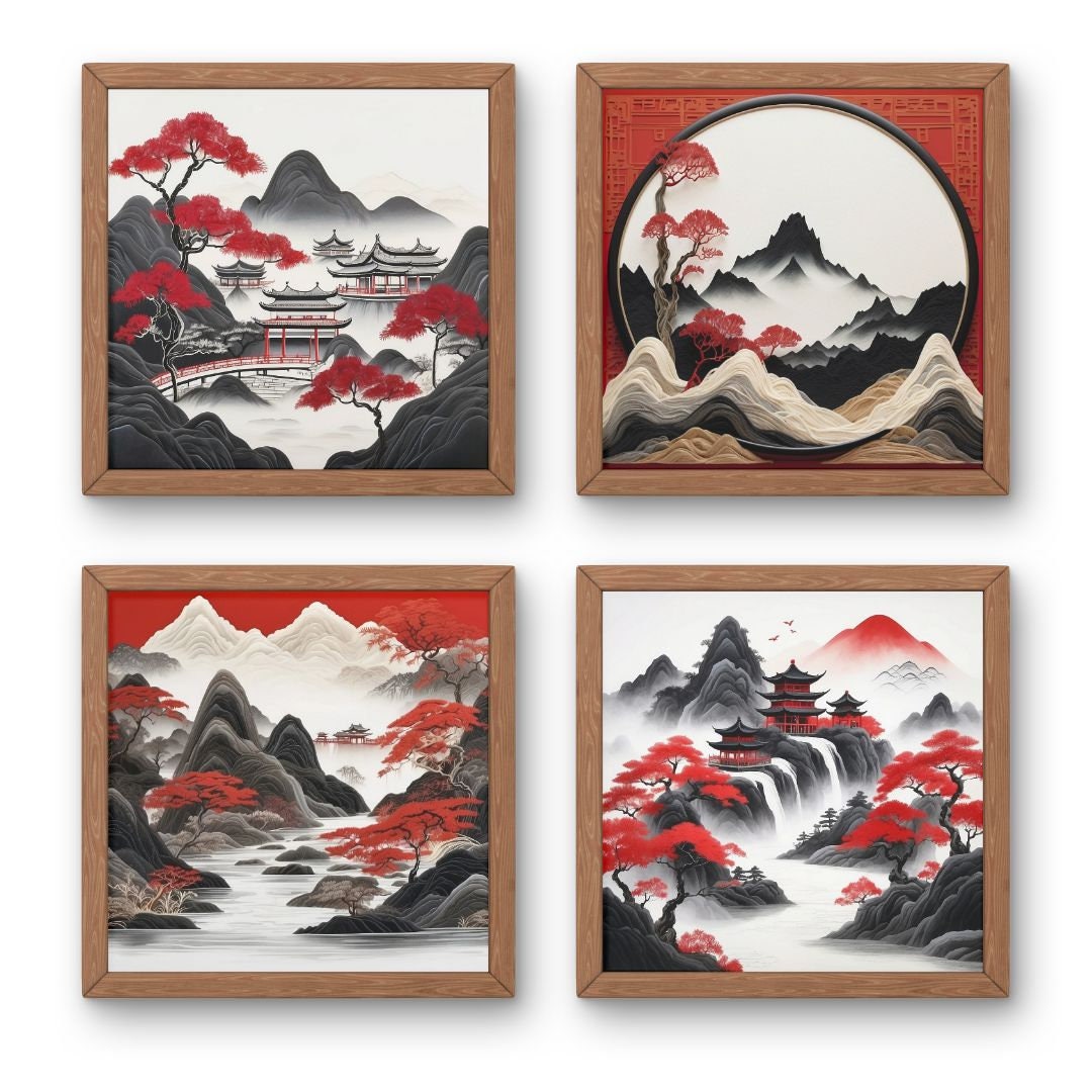 Red Black Oil Painting China Landscape Wall Art Ancient Chinese ...