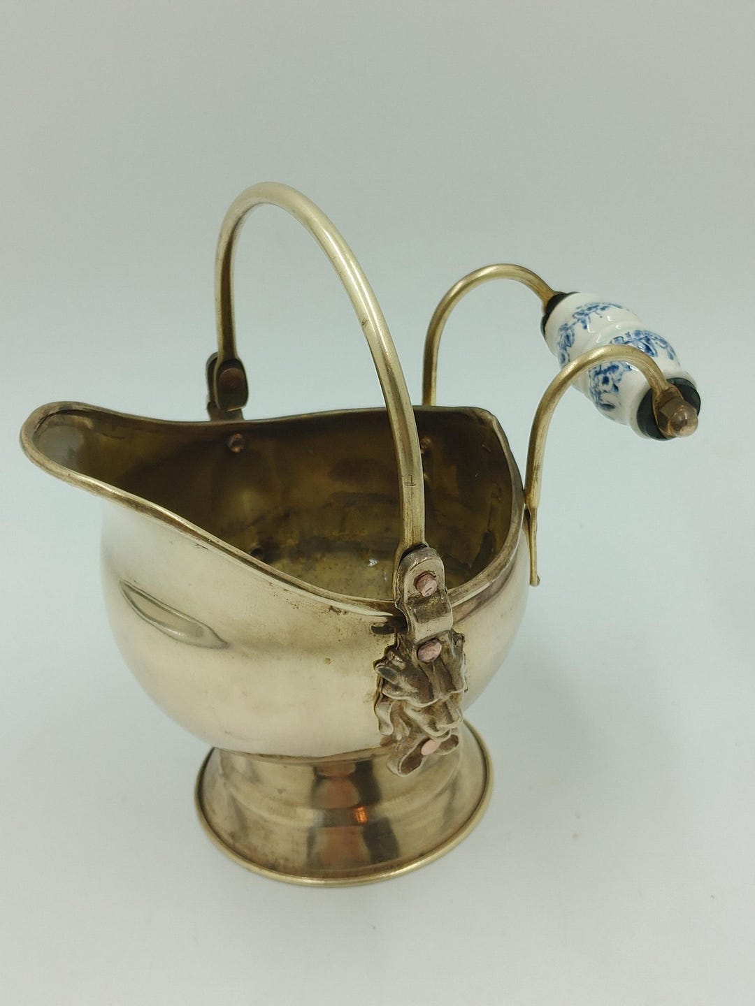 Vintage Small Brass Coal Scuttle With Blue and White Porcelain Handle ...