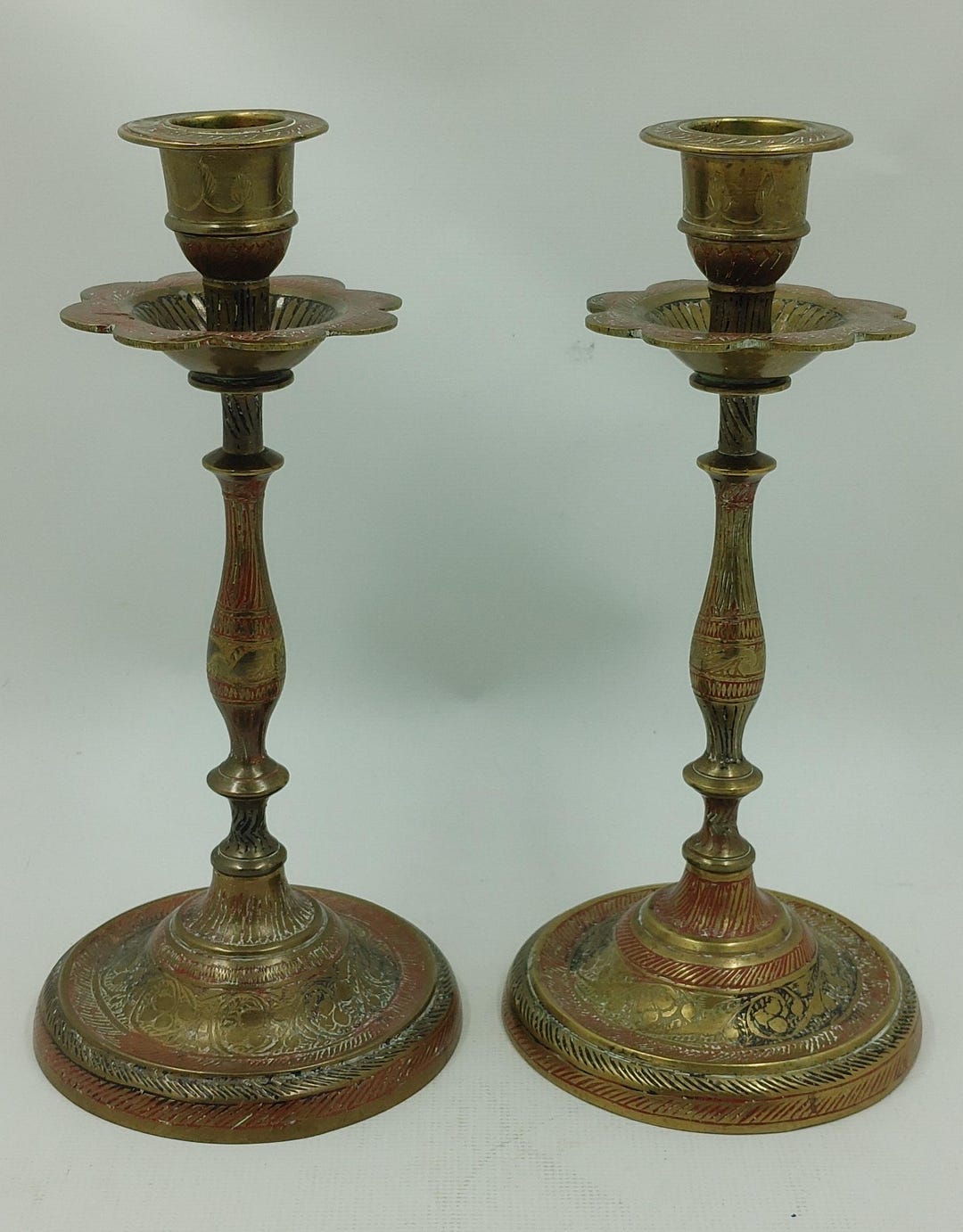 Vintage Pair Brass Engraved Candlesticks - Etsy