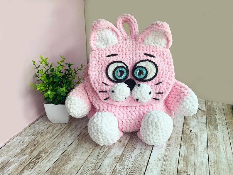 Handmade Pink Cat Crochet Backpack – Soft Chenille Animal Bag With ...