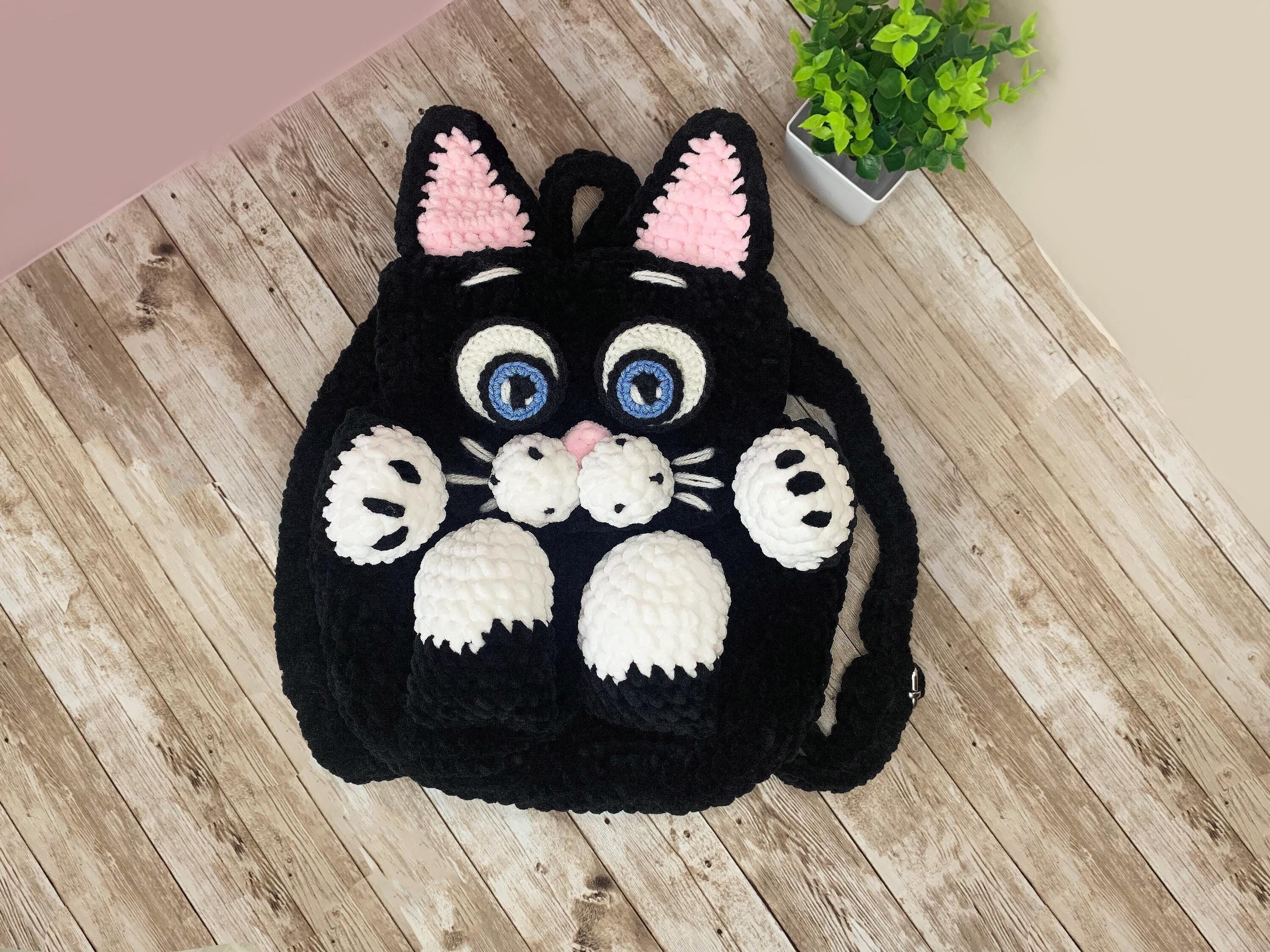 Animal Bag Gift: Cat Crochet Kids Black Backpack, Cute Birthday Gift ...