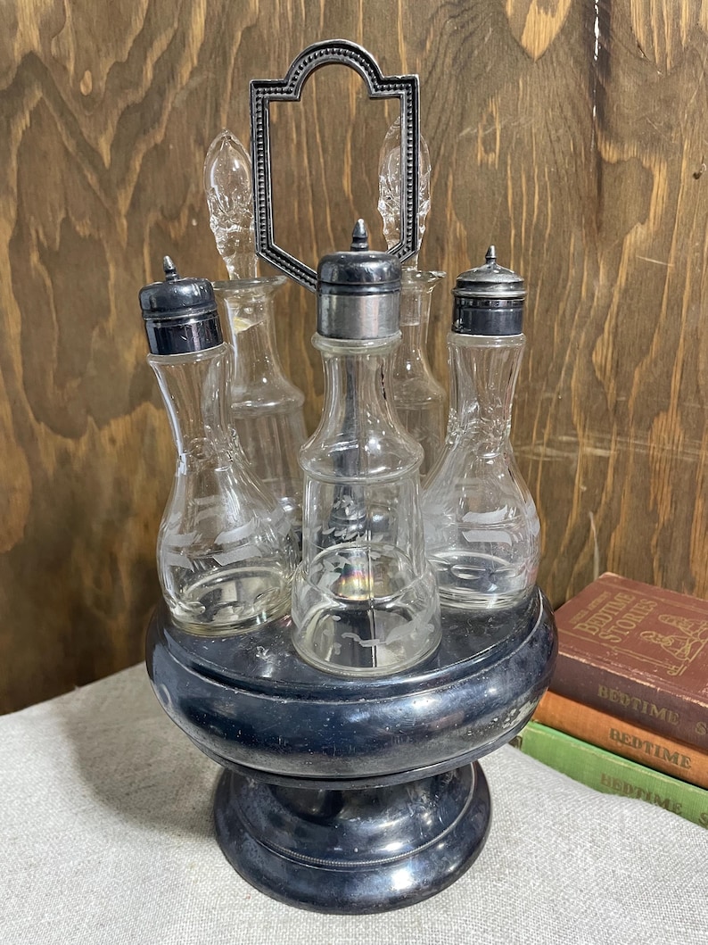 Antique Spinning Cruet Castor Set in Silver Plate With Etched Glass ...