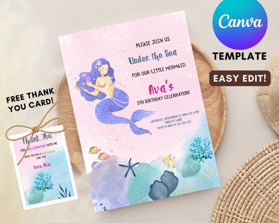 Mermaid Birthday Invitation Mermaid Thank You Tag Mermaid - Etsy