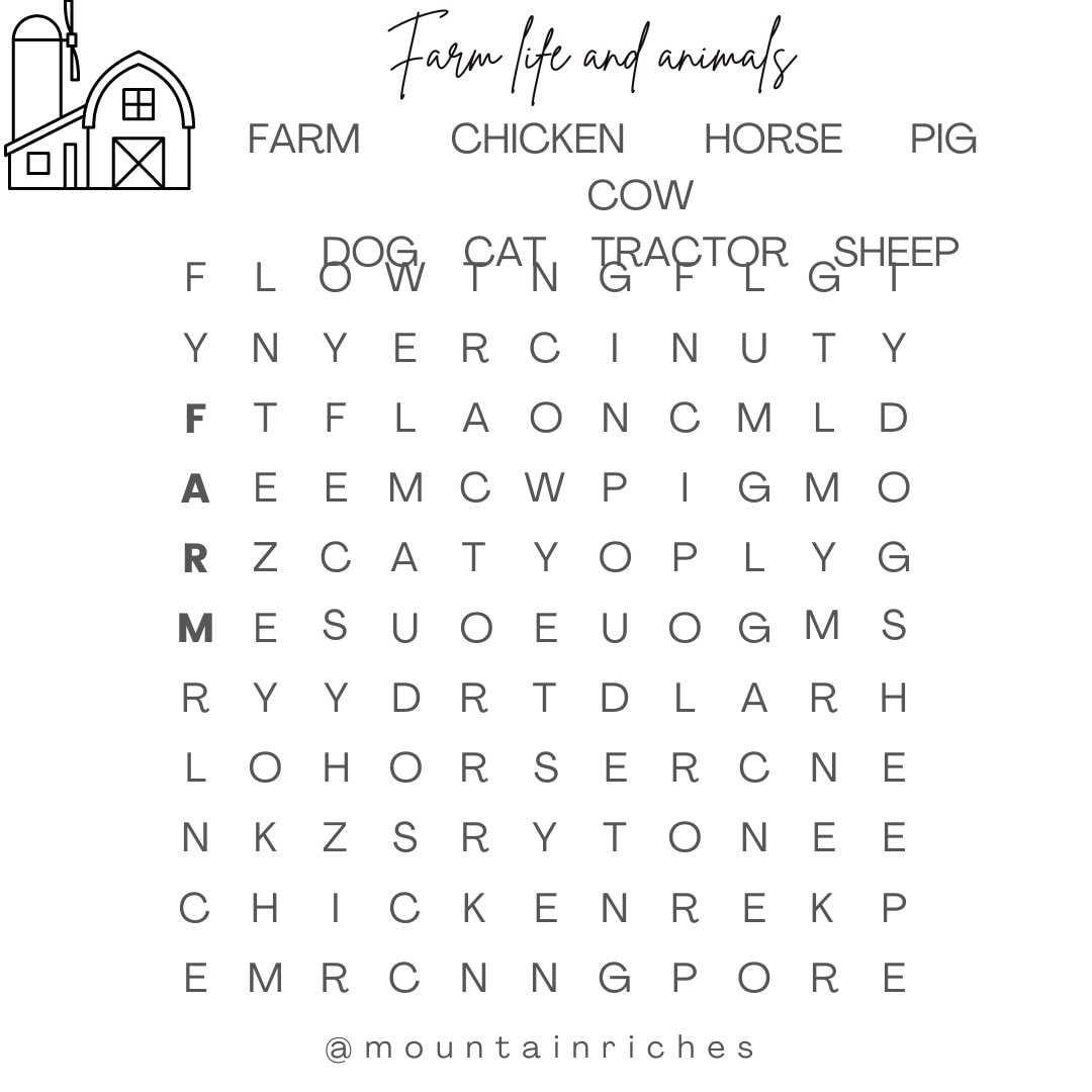 Preschool Kindergarten Farm Wordsearch Scramble and Scavenger Hunt - Etsy