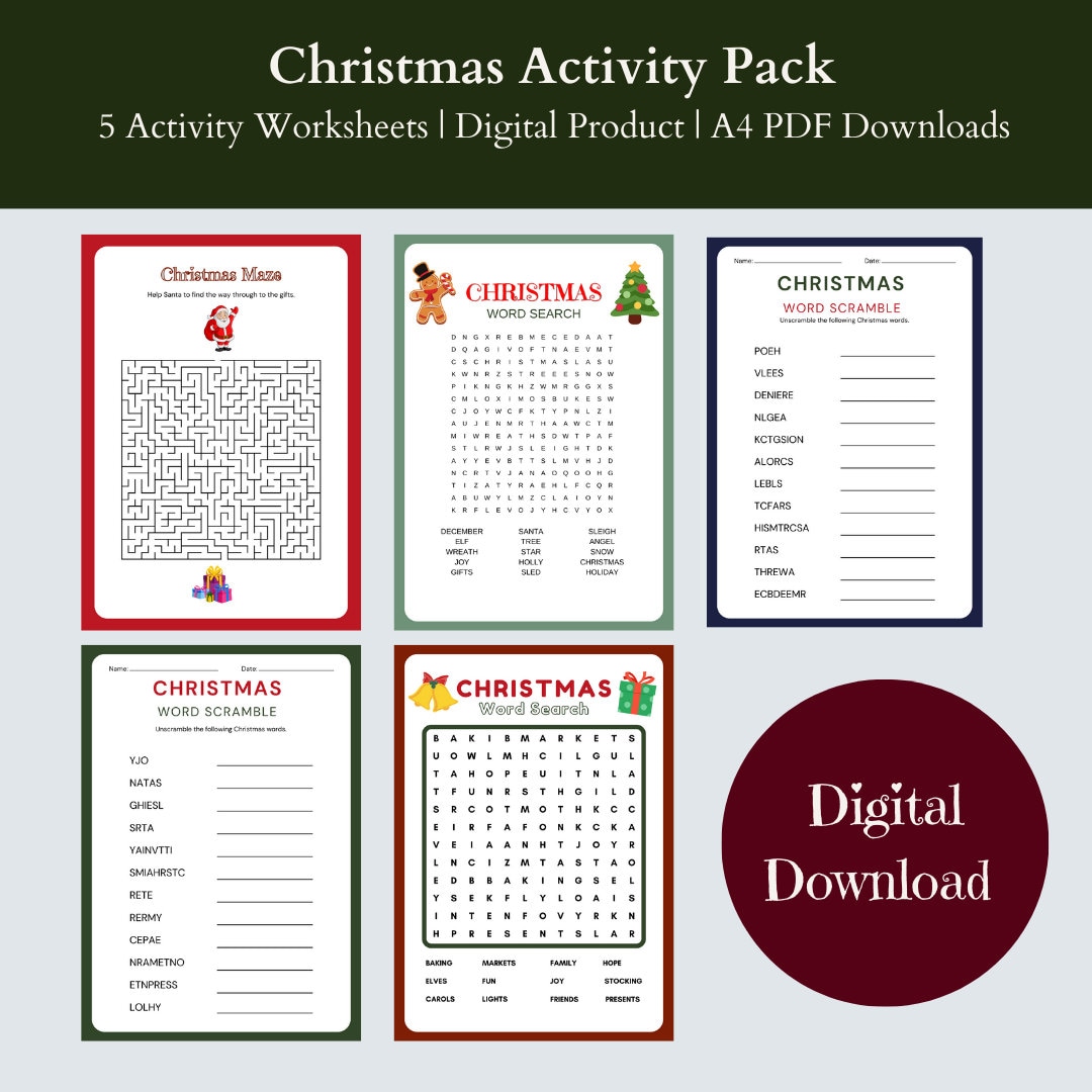 Christmas Activity Pack for Kids Includes 5 Worksheets Maze - Etsy