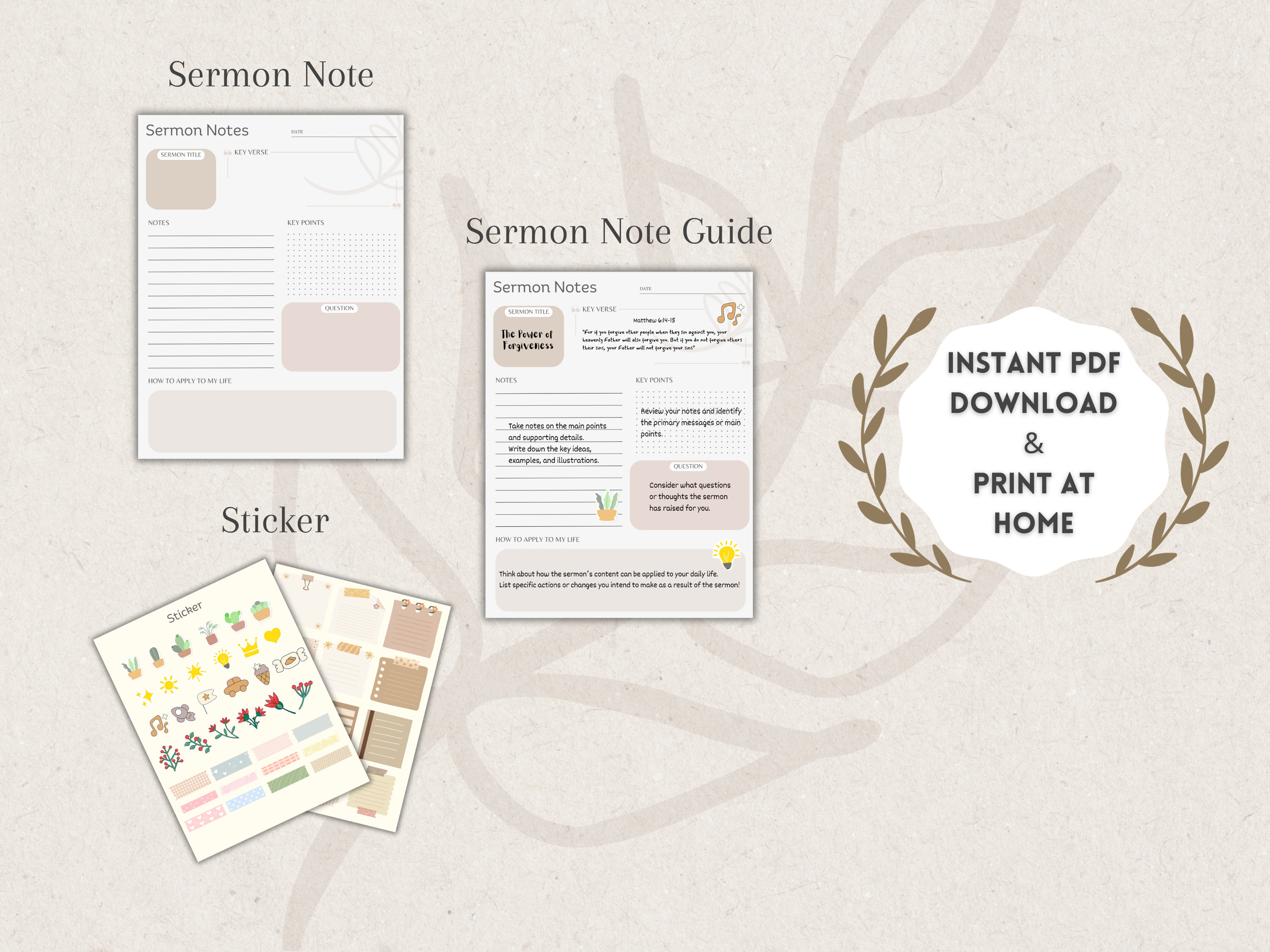 Sermon Notes Printable, Digital Bible Study Journal, Church Service ...