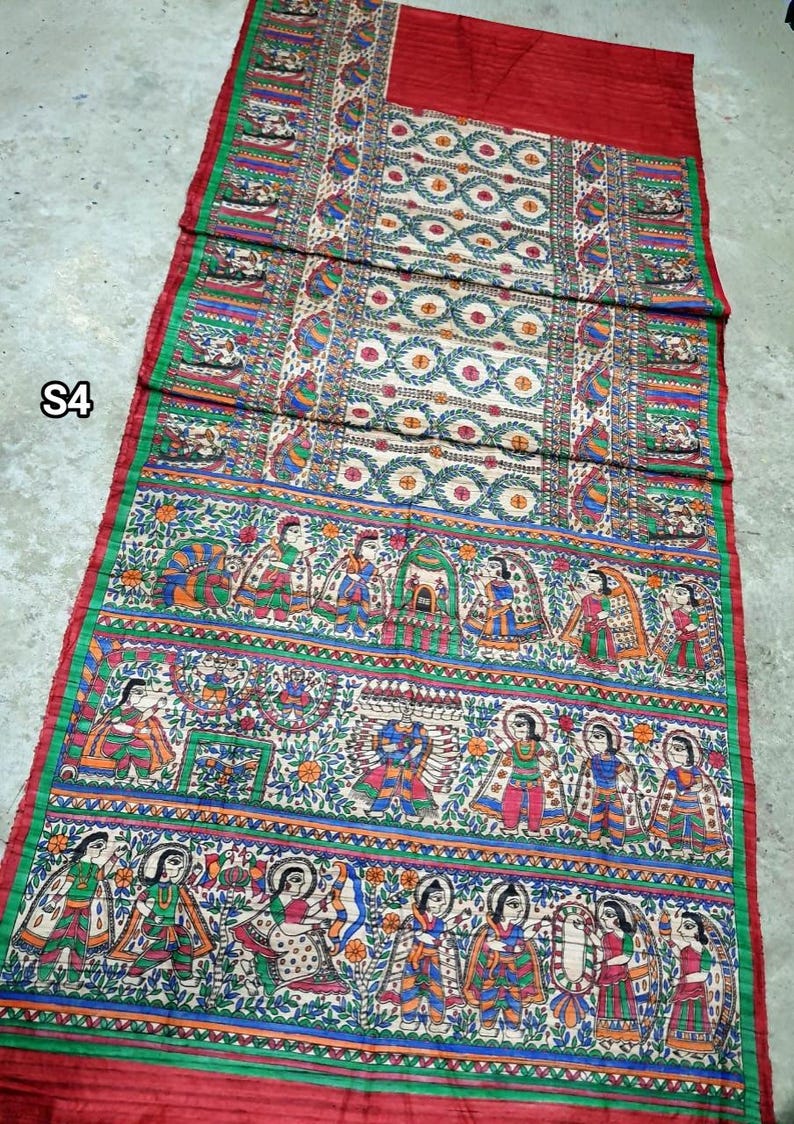 Hand Painted Madhubani Tussar Silk Saree: Ghicha Silk Sari (silkmark ...