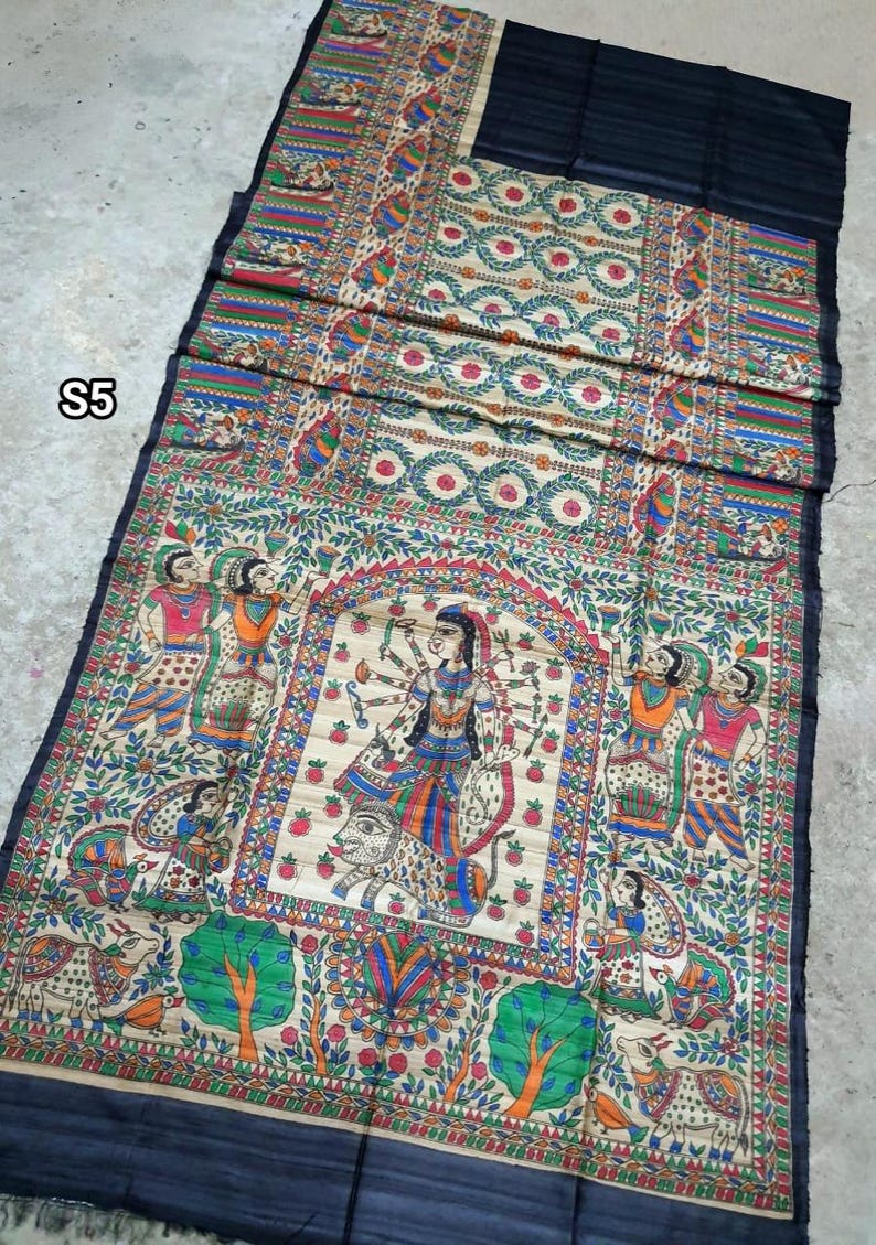 Hand Painted Madhubani Tussar Silk Saree: Ghicha Silk Sari (silkmark ...