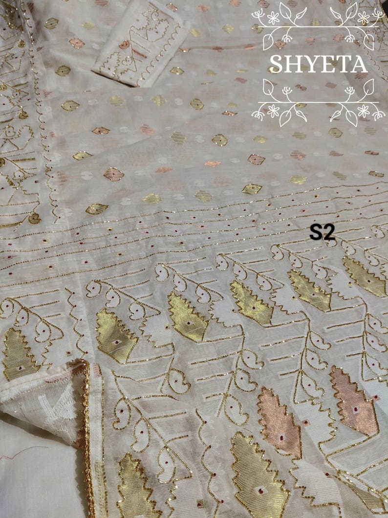 Karchupi Embroidery Cutdana Jamdani Saree With Blouse Piece: Aari Work ...