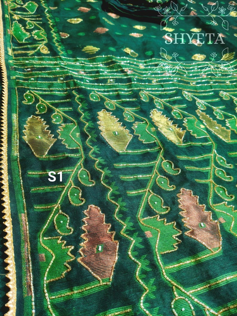 Karchupi Embroidery Cutdana Jamdani Saree With Blouse Piece: Aari Work ...