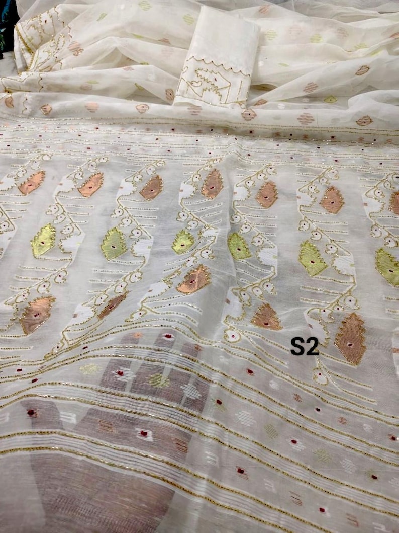 Karchupi Embroidery Cutdana Jamdani Saree With Blouse Piece: Aari Work ...
