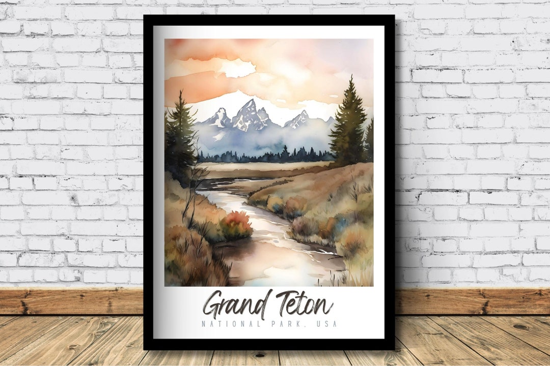 Grand Teton National Park Watercolor Travel Poster Grand Teton Wall Art ...