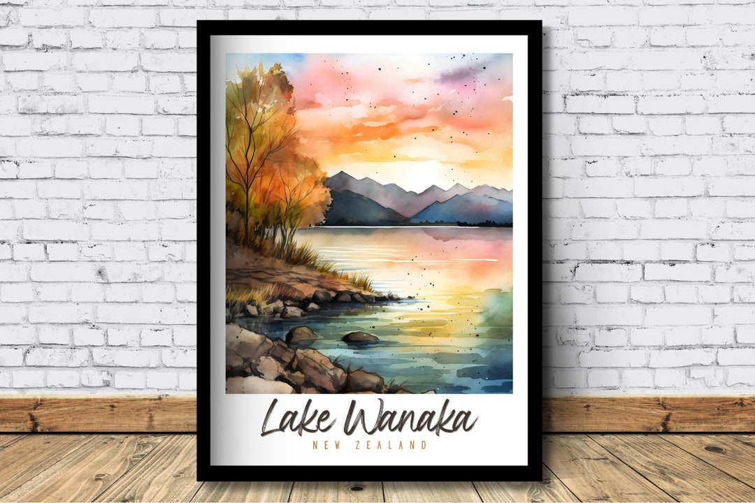 Lake Wanaka Watercolor Travel Poster Lake Wanaka Wall Art Lake Wanaka ...