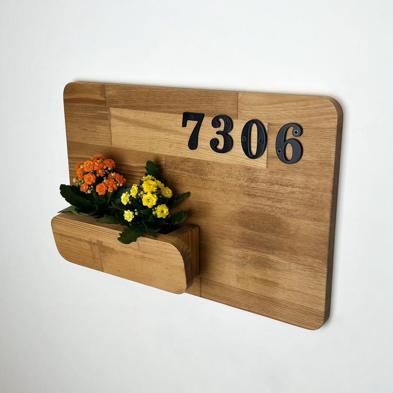 Personalized Wooden House Number Sign With Succulent Planter: Modern ...