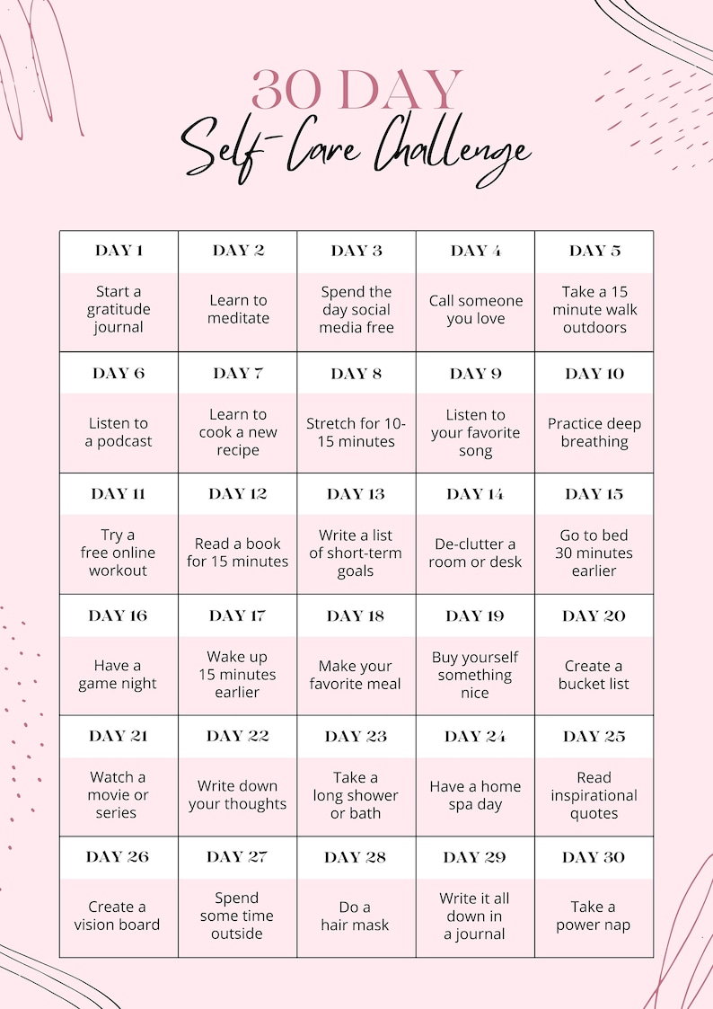 30 Day Self Care Challenge Printable Customizable - Etsy