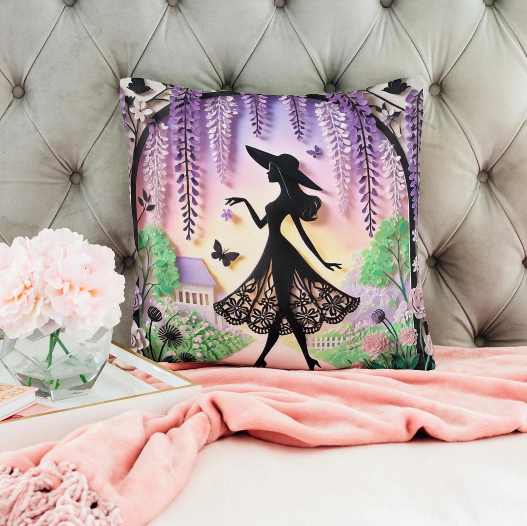 Elegant Lady Cushion With 3D Paper-cut Design, Purple Wisteria Pillow ...