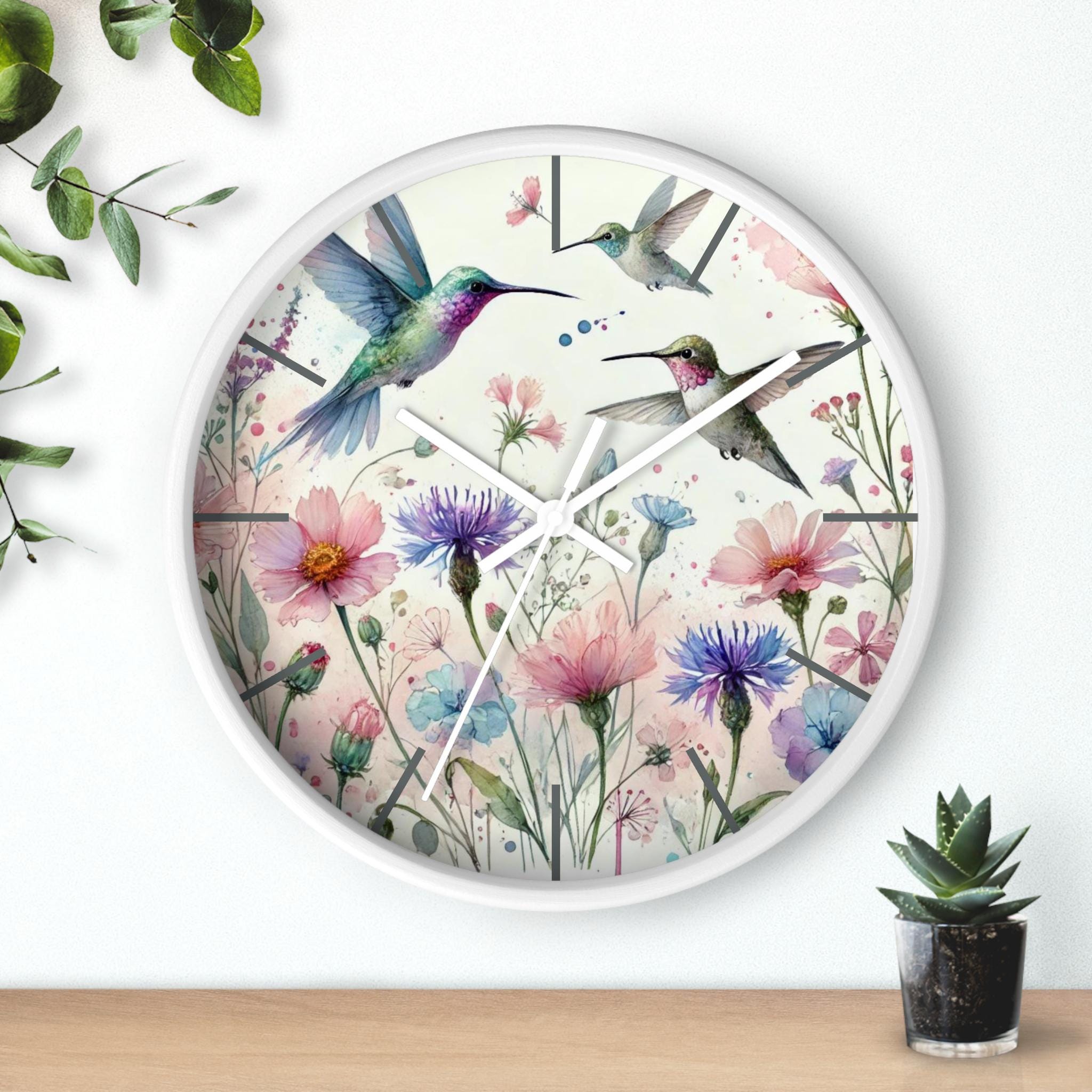 Watercolor Wildflowers and Hummingbirds Wall Clock, Soft Floral ...