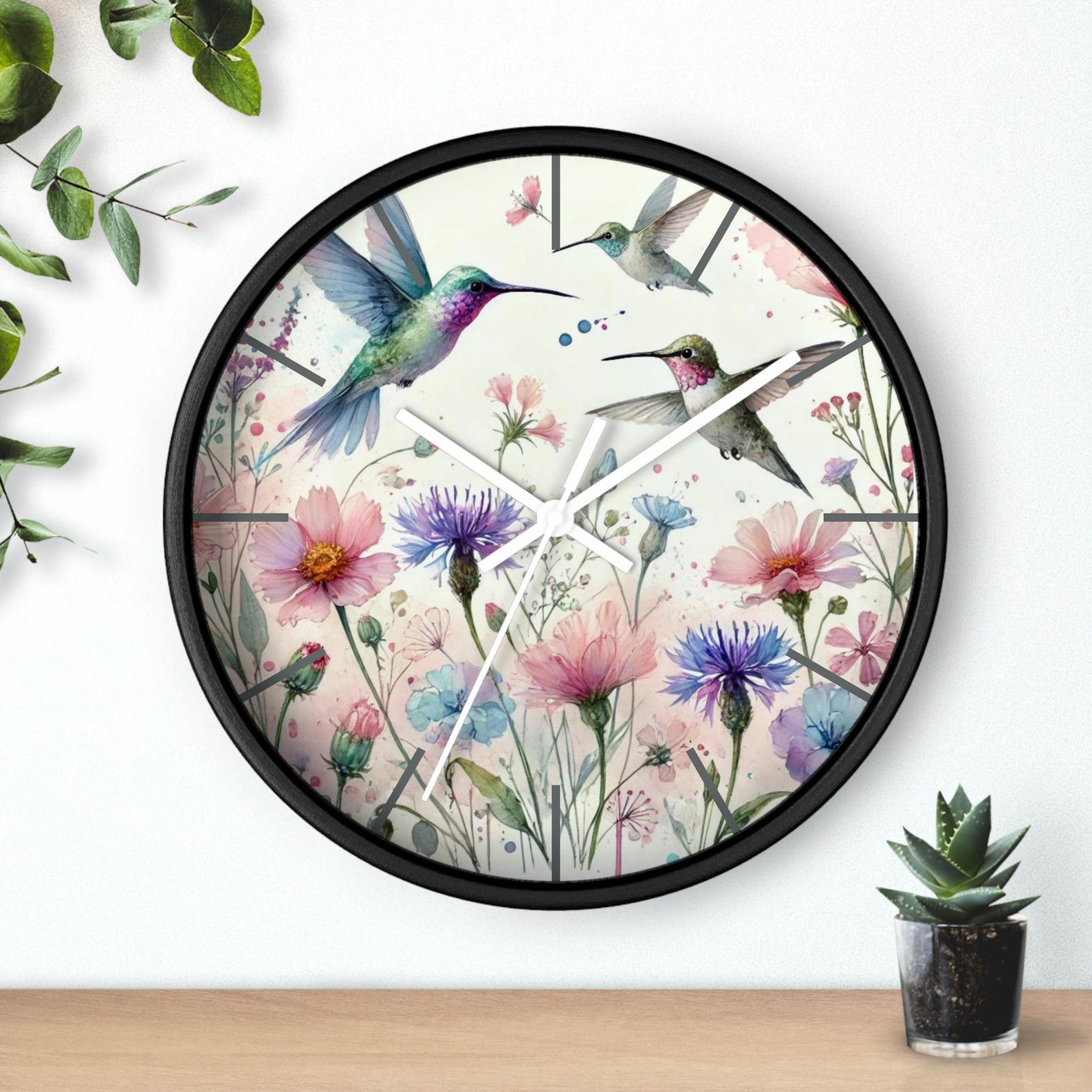 Watercolor Wildflowers and Hummingbirds Wall Clock, Soft Floral ...