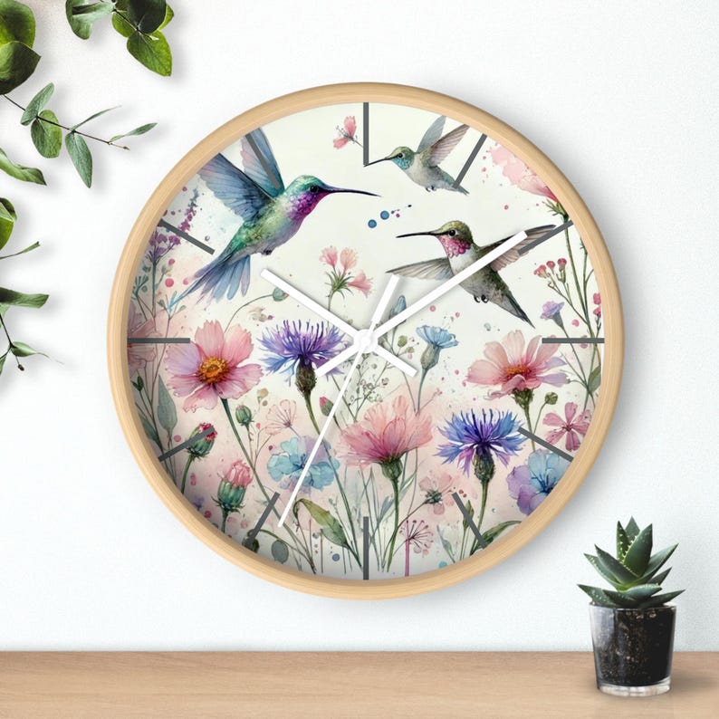 Watercolor Wildflowers and Hummingbirds Wall Clock, Soft Floral ...