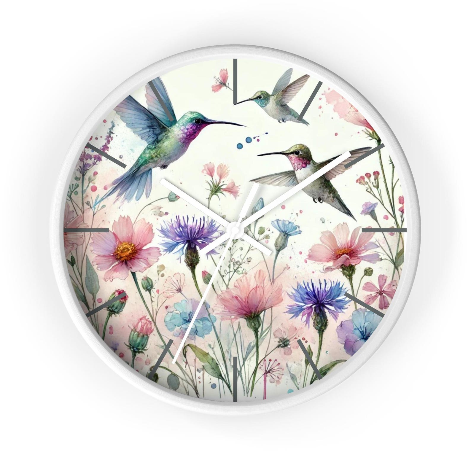 Watercolor Wildflowers and Hummingbirds Wall Clock, Soft Floral ...
