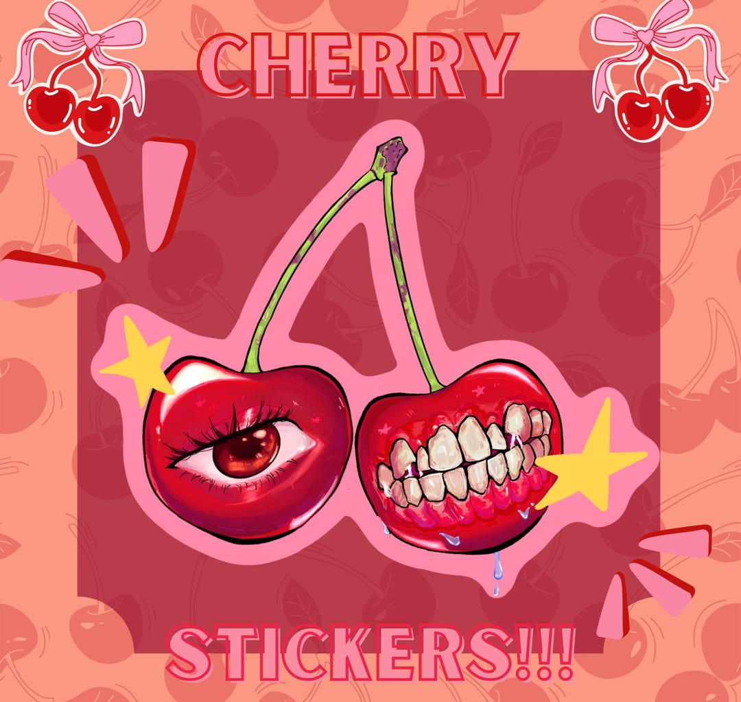 Cute Cherry Sticker, Gothic Eye and Teeth Design, Holographic Finish ...