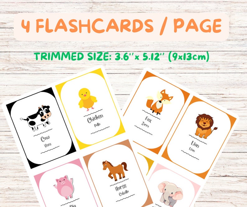Tarjetas de animales en inglés y español, Flashcards bilingües, 32 ...