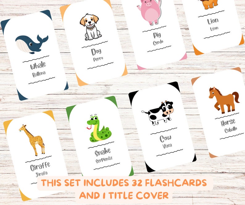 Tarjetas de animales en inglés y español, Flashcards bilingües, 32 ...