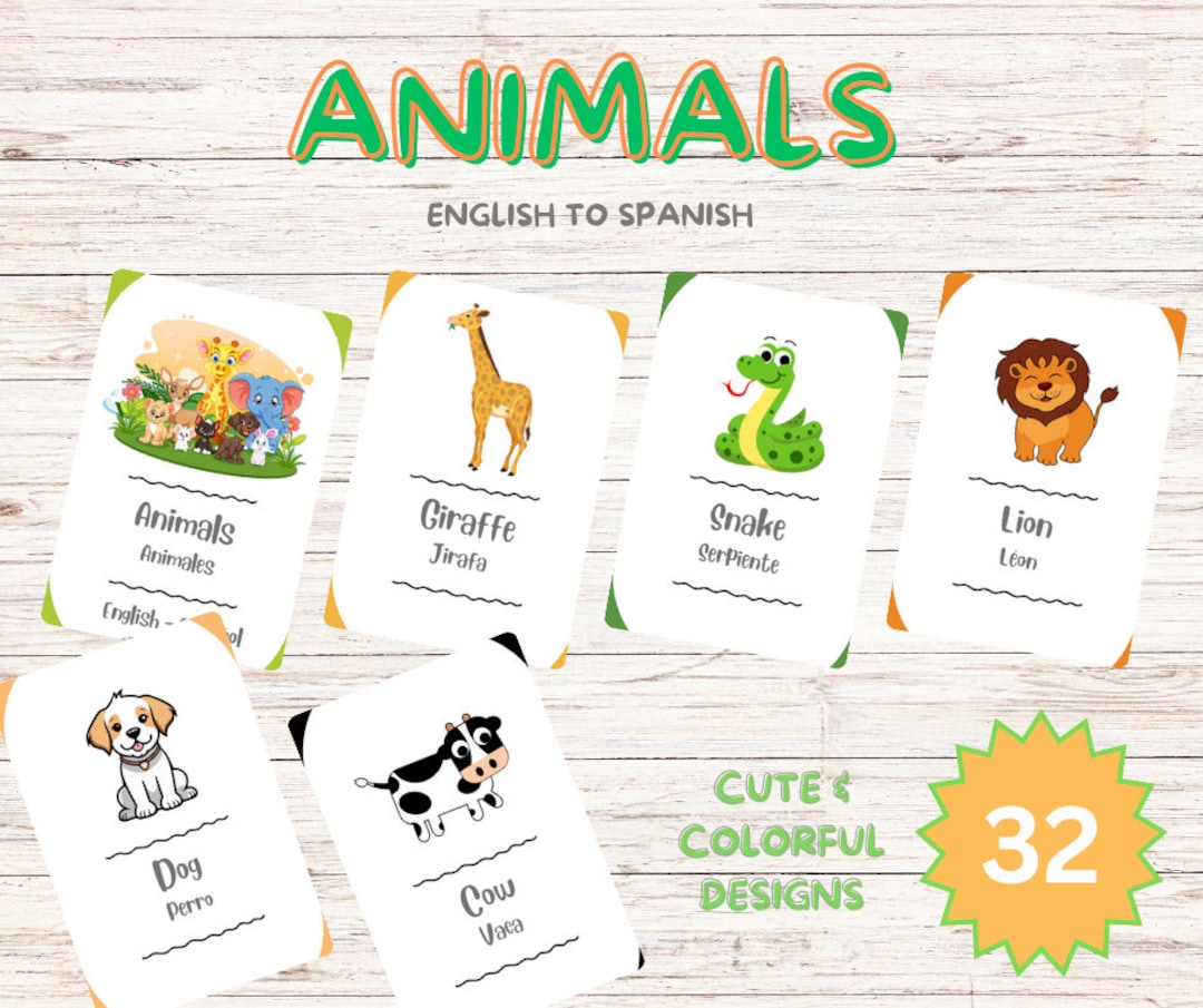 Tarjetas de animales en inglés y español, Flashcards bilingües, 32 ...